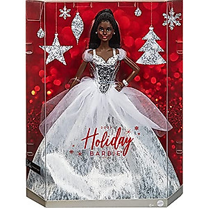 Barbie Signature 2021 Holiday Doll (12-inch, Brunette Braided Hair) in Silver Gown, with Doll Stand and Certificate of Authenticity, Gift for 6 Year Olds and Up