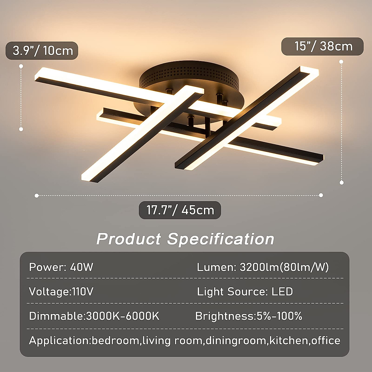 CANEOE Modern Led Ceiling Light, 4-Lights Dimmable Led Ceiling Light Fixture with Remote Control, 40W Black Flush Mount Chandelier Ceiling Lamp for Living Room Bedroom Kitchen Office