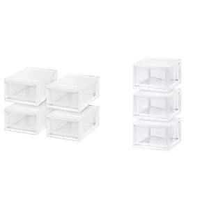 IRIS USA MSD-1 Compact Stacking Drawer, White, 6 Quart, 4-Pack & Stackable Plastic Storage Drawer, Medium-3 Pack (White)