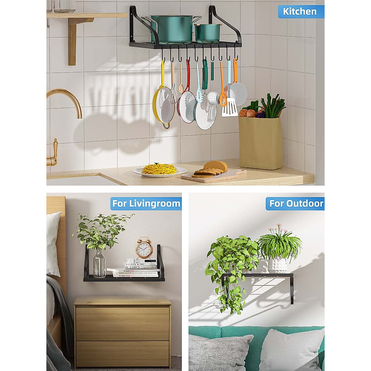 Pots and Pans Organizer - MUDEELA Hanging Pot Rack with 10 Hooks Wall Mounted Pot Pan Rack, Kitchen Wall Shelves for Cookware, 2 DIY Methods, Ideal for Pots Set, Utensils, Cookware