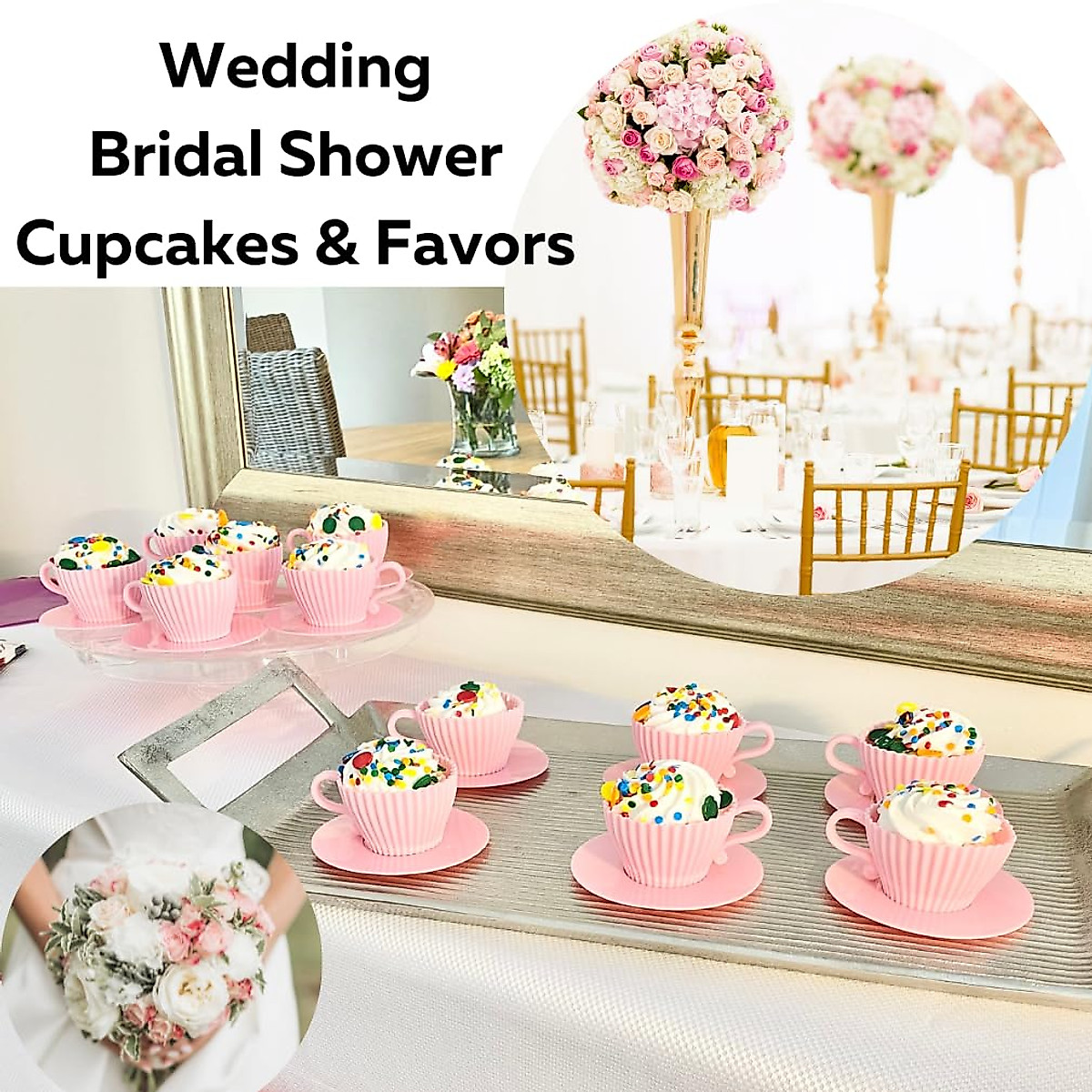 Evelots Teacup Silicone Cupcake Liners 24 Pc Set Oven Safe Baking Set (12 Cups/ 12 Saucers)-Reusable Baking Muffin Cups- BPA Free-2 Colors