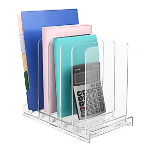 Homakover Acrylic Desk Organizer and File Organizer, 3 Slots Desktop File Organizer Standing Rack on Table for Magazines, Binders, Mails & CD Records Storage Holder with Detachable Dividers