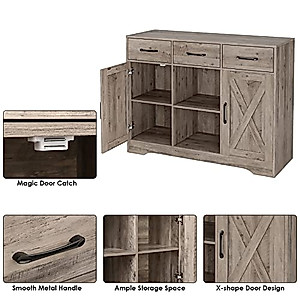 HOSTACK Modern Farmhouse Buffet Cabinet with Storage, Barn Doors Sideboard Buffet Storage Cabinet with Drawers and Shelves, Wood Coffee Bar Cabinet for Kitchen, Dining Room, Living Room, Ash Grey