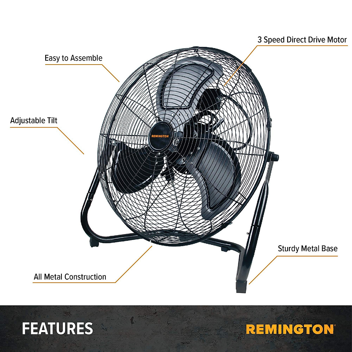 Remington 20" Industrial High Velocity Floor Fan with 3 Speed Settings and Pivoting Head. Use for Shop, Garage or Warehouse. All Metal Construction (20REM-F)