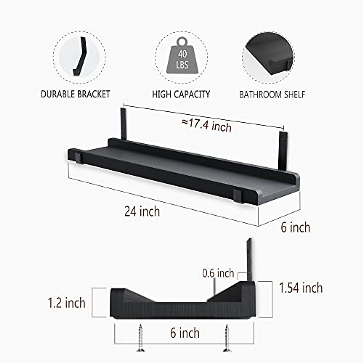 Pine Natural Wood Floating Shelves With Lip, 24 Inches Long Reclaimed Wood Floating Shelves For Wall Storage, Set Of 2 DIY U-Shaped Wooden Floating Shelf for Living Room, Bedroom, Kitchen, Black.