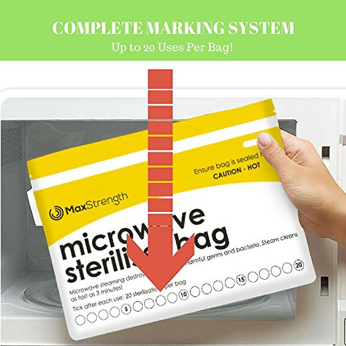 Premium Microwave Sterilizer Bags (20pcs) by Max Strength, Large & Durable Steam Bags for Baby Bottles, Soothers, Teethers & Training Cups, 20 Uses Per Bag & Marking System