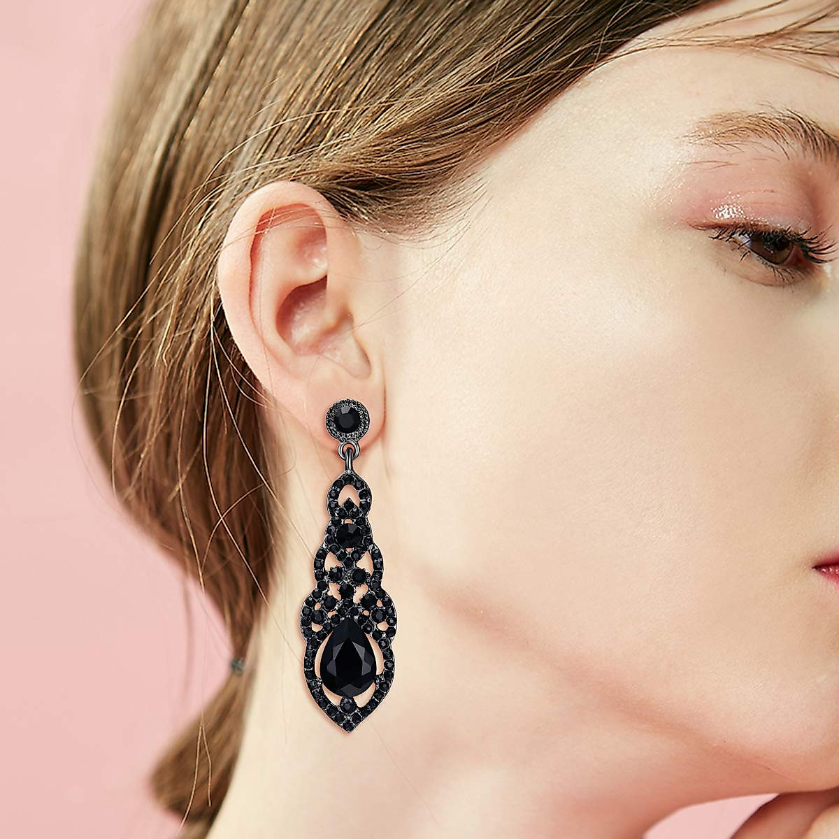 BriLove Wedding Bridal Dangle Earrings for Women Crystal Art Deco Teardrop Hollow Chandelier Earrings Black Black-Silver-Tone