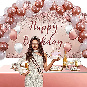 Trgowaul Birthday Decorations Balloon Garland Kit Arch for Women, Rose Gold Happy Birthday Banner, Sash and Tiara, Pink Birthday Cake Topper, Tablecloth for her, Party Favor Supplies Ideas Decor