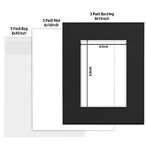 eletecpro 5 Pack Acid-Free Picture Mats Set, 8x10 Inch Core Bevel Cut Mats, Backing Boards, Clear Bags for Framing 5x7 Inch Photos, Artwork, Prints, Display and Preserve Cherished Pictures