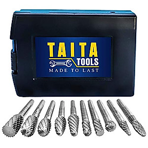 10pc Carbide Burr Set 1/4" Shank Tungsten Double Cut Rotary Die Grinder Bits - Cutting Burrs for Milwaukee, Dewalt and Die Grinder Accessories - Wood Carving Metal Working & Sturdy Storage Case