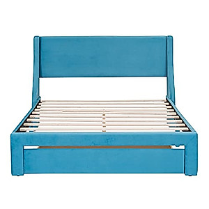 HBRR Queen Size Bed Frame with Drawer and Headboard, Velvet Upholstered Platform Bed with Wood Slats, Mattress Foundation, No Box Spring Needed, Easy Assembly, Blue
