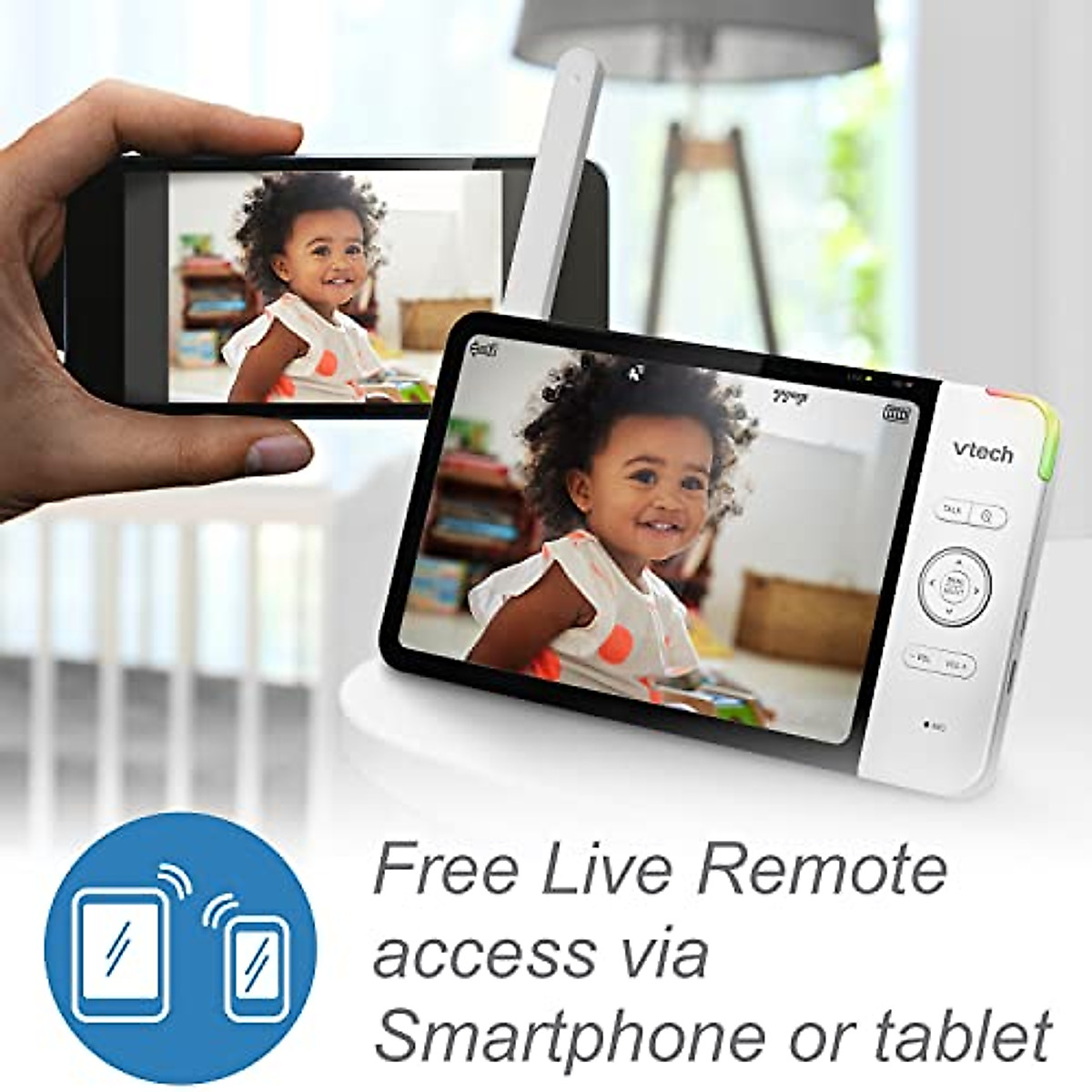 VTech RM7764HD 1080p WiFi Remote Access Baby Monitor, 360° Pan&Tilt, 7” 720p HD Display, HD Night Vision, Soothing Sounds, 2-Way Talk, Temperature Sensor, Motion Detection, iOS & Android