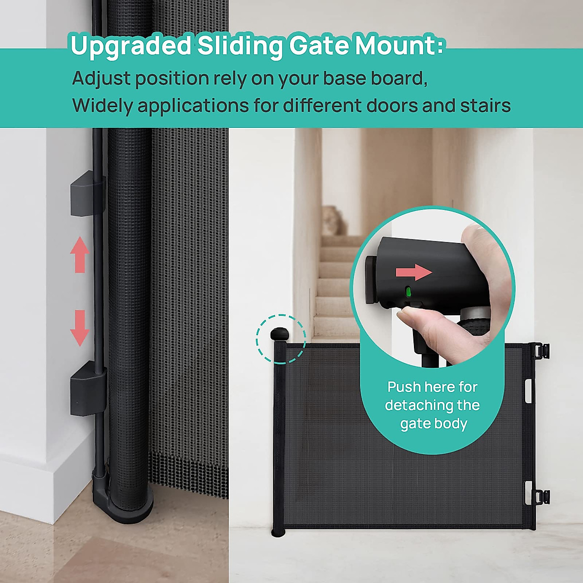 PETGOD Retractable Baby Gate, Upgraded One-Way Lock Mesh Dog Gate Tall 34”, Extends up to 55” Extra Wide Pet Gate and Safety Child Gate for Stairs, Doorways, Hallways, Banisters, Indoors, Outdoors