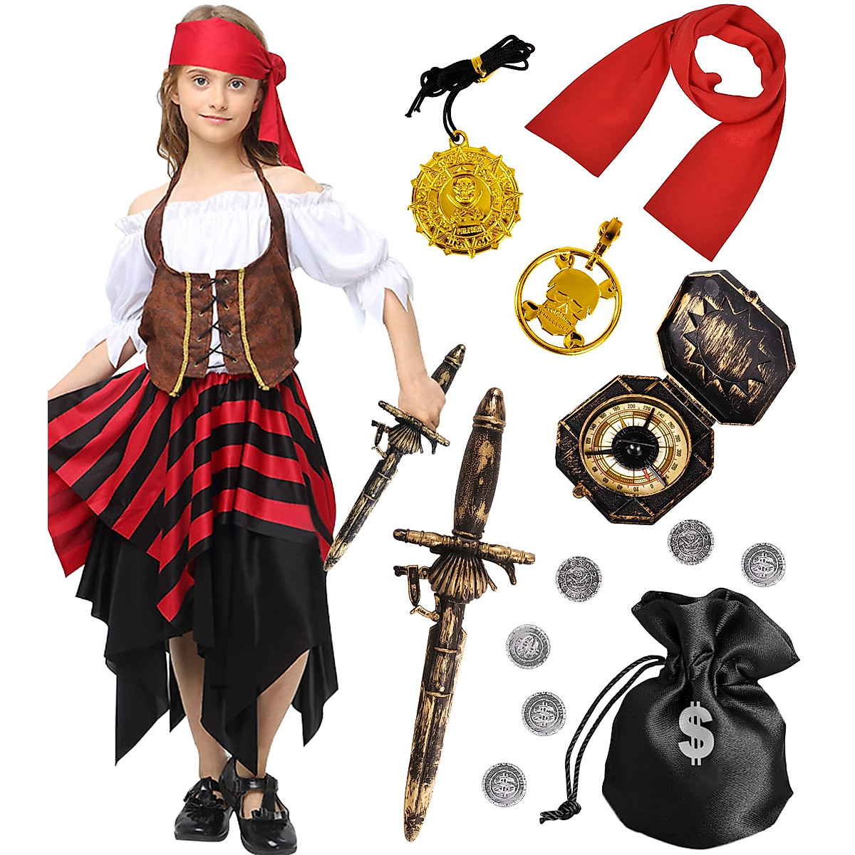 Latocos Pirate Costume for Kids Girls Pretend Role Play Dress Up Halloween Costumes Birthday Gift Ages 3-12 Years