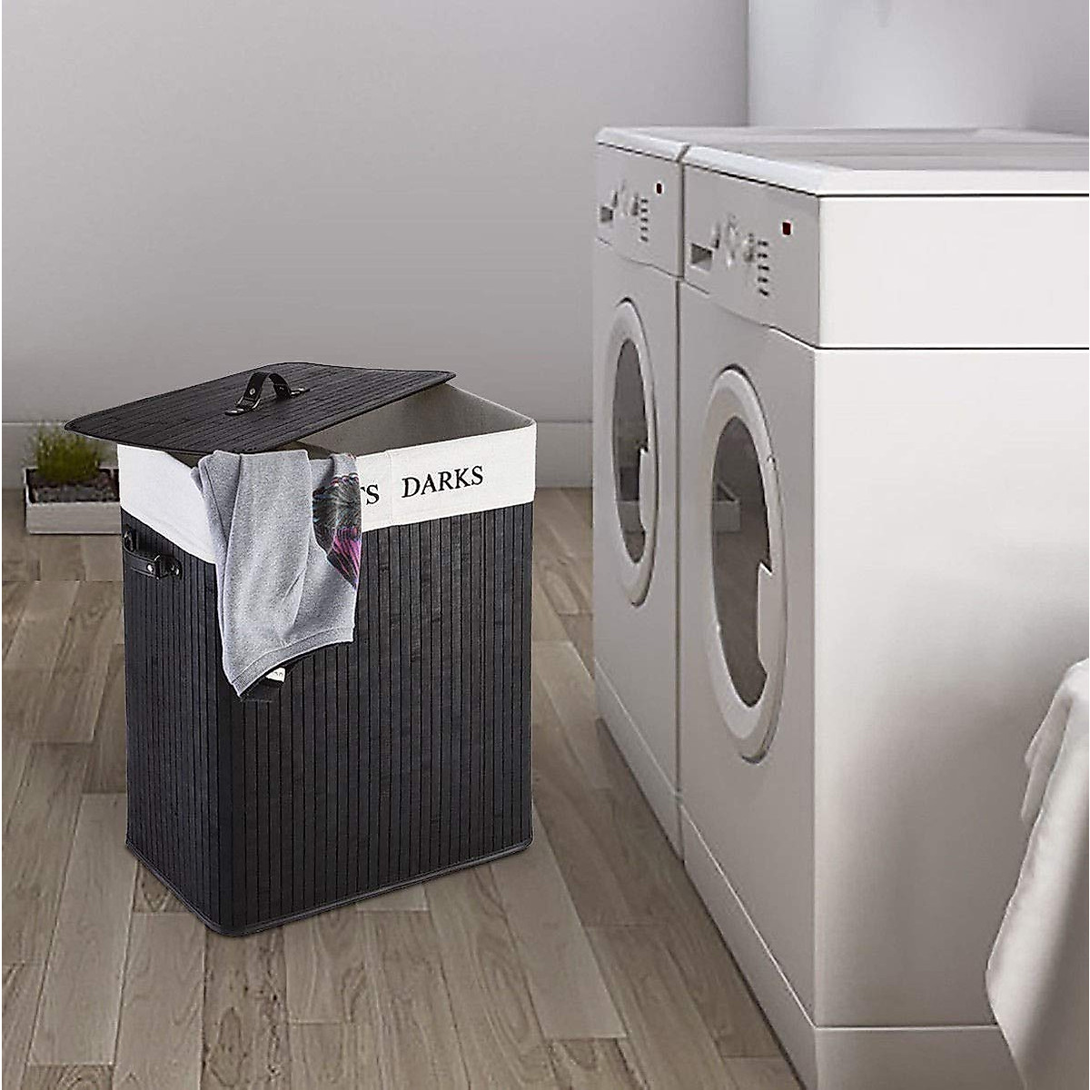 GOFLAME Bamboo Laundry Basket Folding, Dirty Laundry Hamper, Dirty Clothes Basket Bin with Lid and Removable Liner, Two Sections with Large Storage, Handle Grip, Ideal for Bedroom Bathroom (Black)
