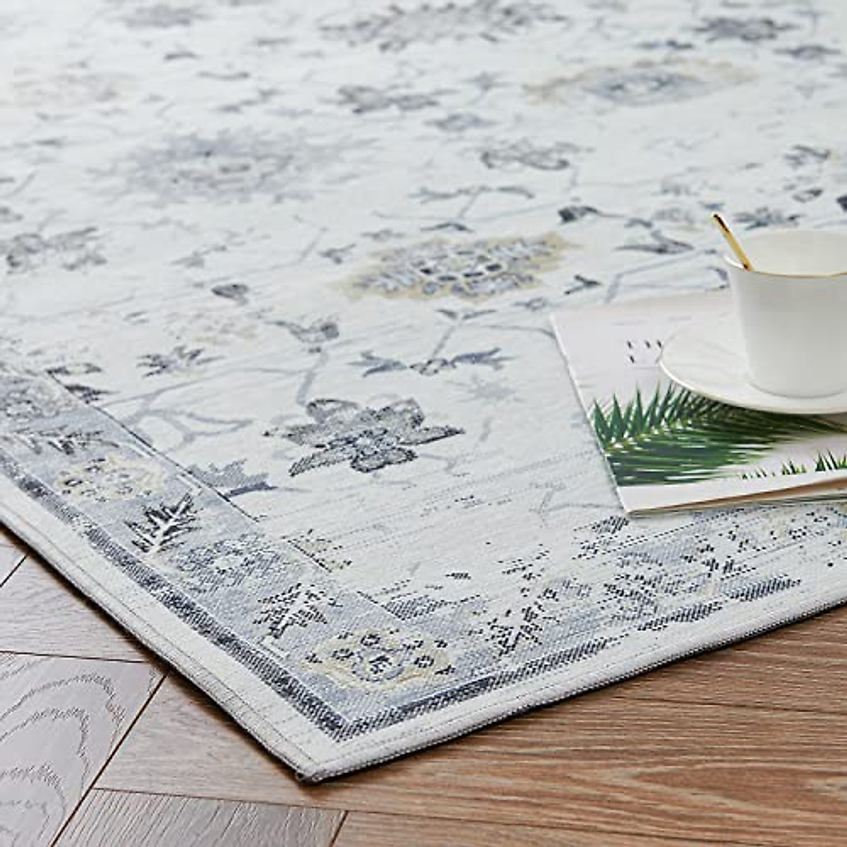 jinchan Area Rug 5x7 Washable Rug Kitchen Light Grey Floral Print Rug Farmhouse Indoor Accent Rug Boho Floor Cover Foldable Thin Rug Non Slip Soft Bath Mat for Bedroom Living Room Dining Room