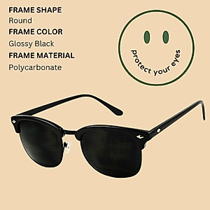 ShadyVEU Super Dark Round Semi Rimless Sunglasses UV Protection Retro 60's Half Frame Vintage English Nose Piece