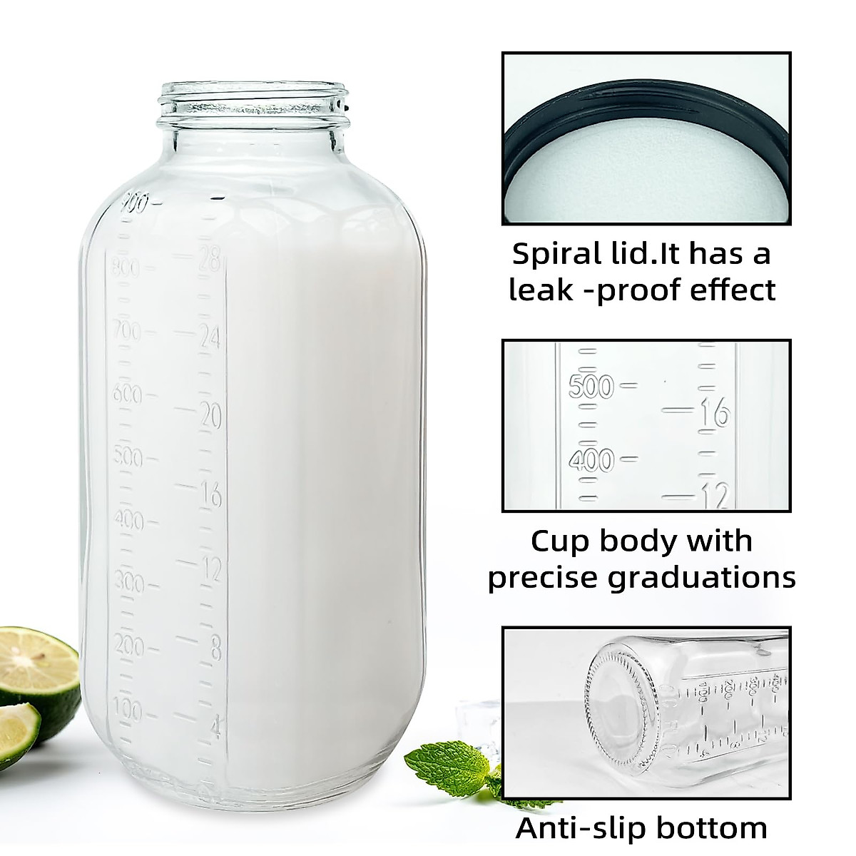 AiHeart 4pcs Glass Milk Bottles (32oz), Reusable & Dishwasher Safe, Perfect for Milk, Yogurt & More