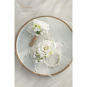 Floroom Ivory Rose Wrist Corsage Bracelet Wristlet Band and Men Boutonniere Set for White Wedding Flower Accessories Prom Suits