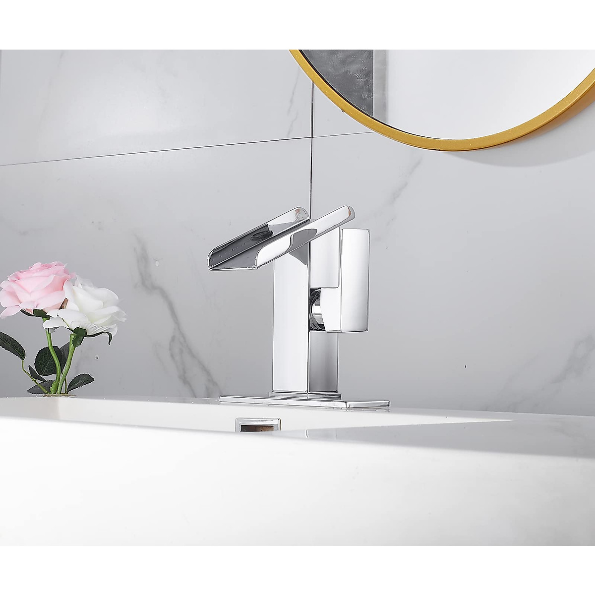 Chrome Bathroom Sink Faucet One Hole LED Waterfall Spout RGB 3 Colors Light Changing Lavatory Vanity Faucets Brass Single Handle Modern Washbasin Bath Tap Include Plates to Cover Holes Residential