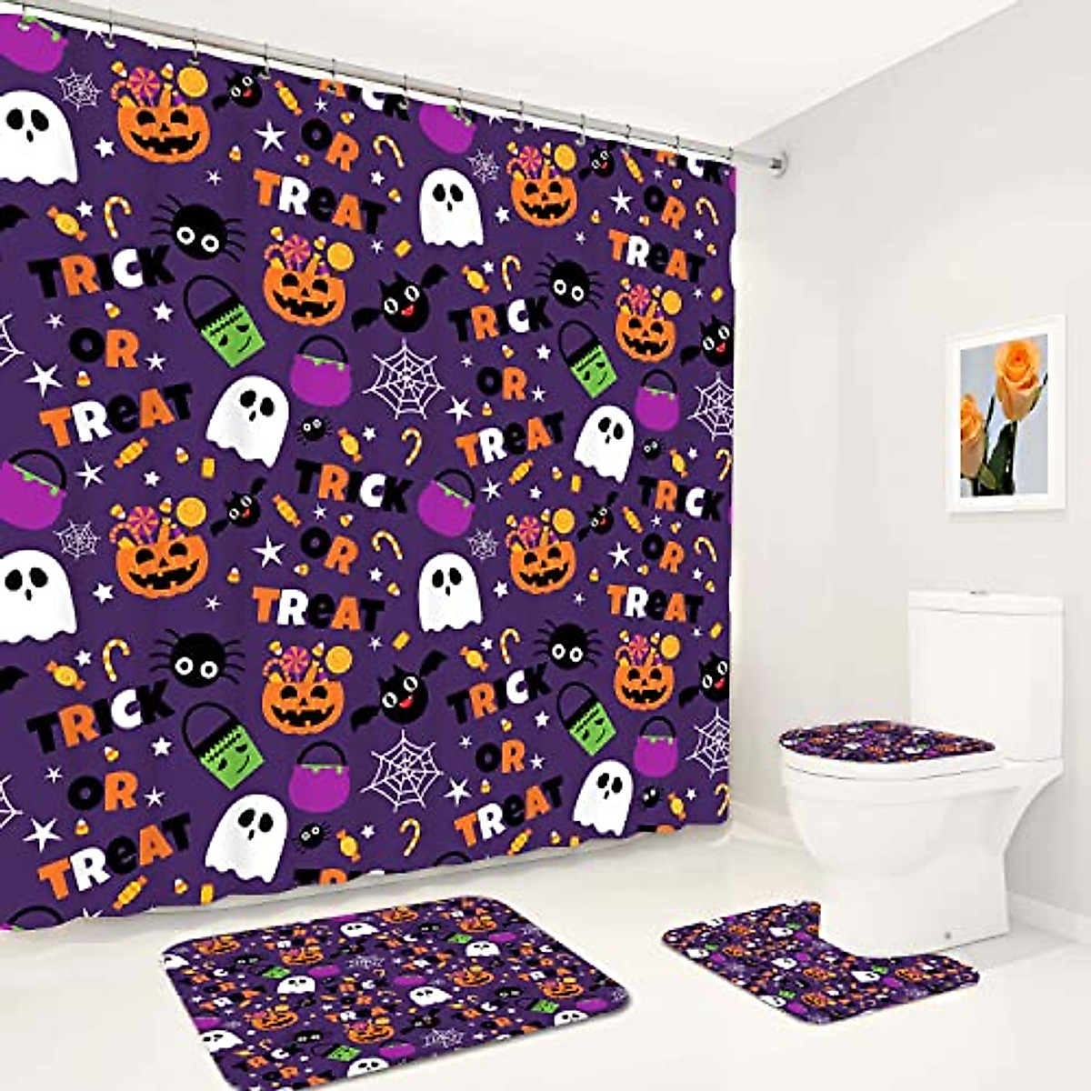 4PC Purple Halloween Bathroom Shower Curtain Sets, Pumpkin Ghost bat Bathroom Sets, Sweet Candy Bathroom Sets with Rugs and Accessories ,for Bathroom Decoration