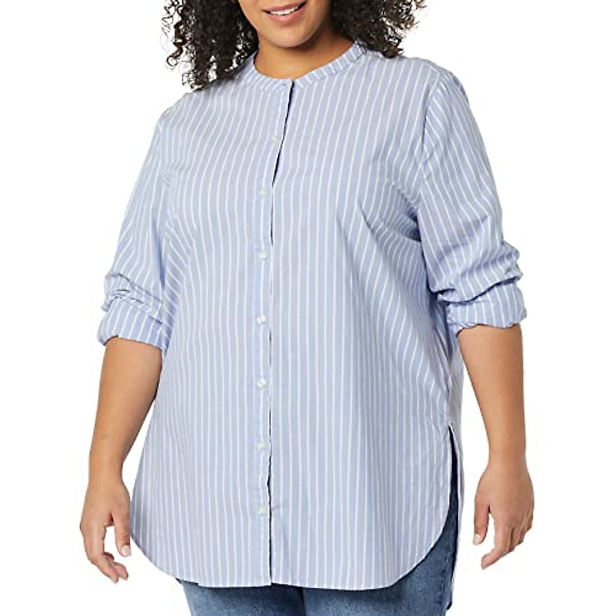 Amazon Essentials Women's Long Sleeve Tunic Poplin Shirt, Blue/White, Stripe, Small