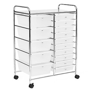 Aurcs 15-Drawer Rolling Storage Cart, Tools Scrapbook Paper Organizer w/ Removable Drawers & Universal Wheels, Multipurpose Lightweight Cart for Supermarket, School, Office, Home (Clear)