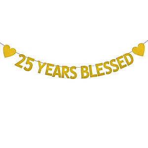 XIAOLUOLY Gold 25 YEARS BLESSED Glitter Banner,Pre-Strung,25th Birthday / Wedding Anniversary Party Decorations Bunting Sign Backdrops,25 YEARS BLESSED