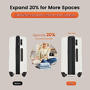 GinzaTravel Rune series expandable 2 Luggage Sets,Lightweight Hardside Suitcase With Spinner Wheels TSA Lock,PP material business fashion suitcase (White, 2-Piece Set(20"/28"))