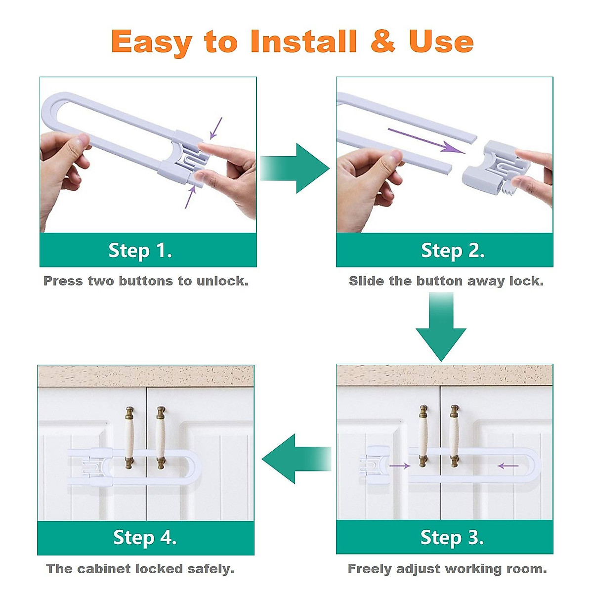 Sliding Cabinet Child Safety Locks - OKEFAN Baby Proofing Cabinet Lock Cupboard Latches for Kids on Closet Door Knobs Handles Pulls No Drill (10, White)