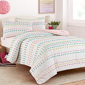 HOMBYS Tufted Pom Poms Bedding Comforter Set for Girls, 3 Piece White Boho Jacquard Kids Comforter Set for All Season，Twin/Twin XL Size