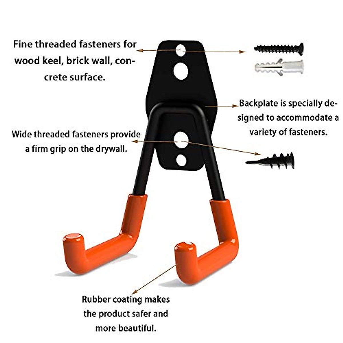 Garage Storage Utility Hooks, Wall Mount Hanging Hooks, Steel U-Hooks Tool Organizer Holder, 2-Pack