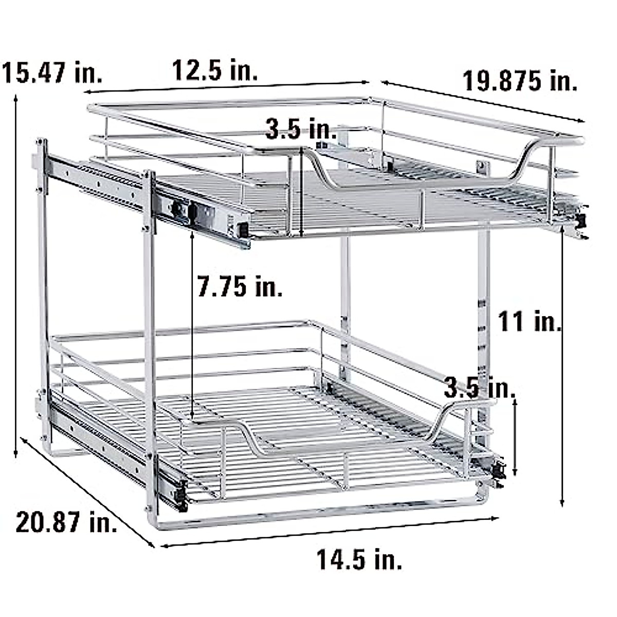 Household Essentials Glidez Slide Out Cabinet Organizer, 14.5” Wide, Durable Chrome-Plated Steel Frame, Dual Baskets and Smooth Glides, Heavy-Duty and Space-Optimizing, Simple Assembly and Installation, Chrome