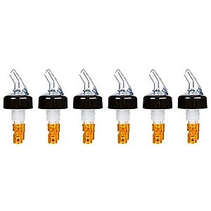 (Pack of 6) Measured Liquor Bottle Pourers, 0.5 oz, Clear Spout Bottle Pourer with Orange Tail and Black Collar, Measured Pour Spouts by Tezzorio