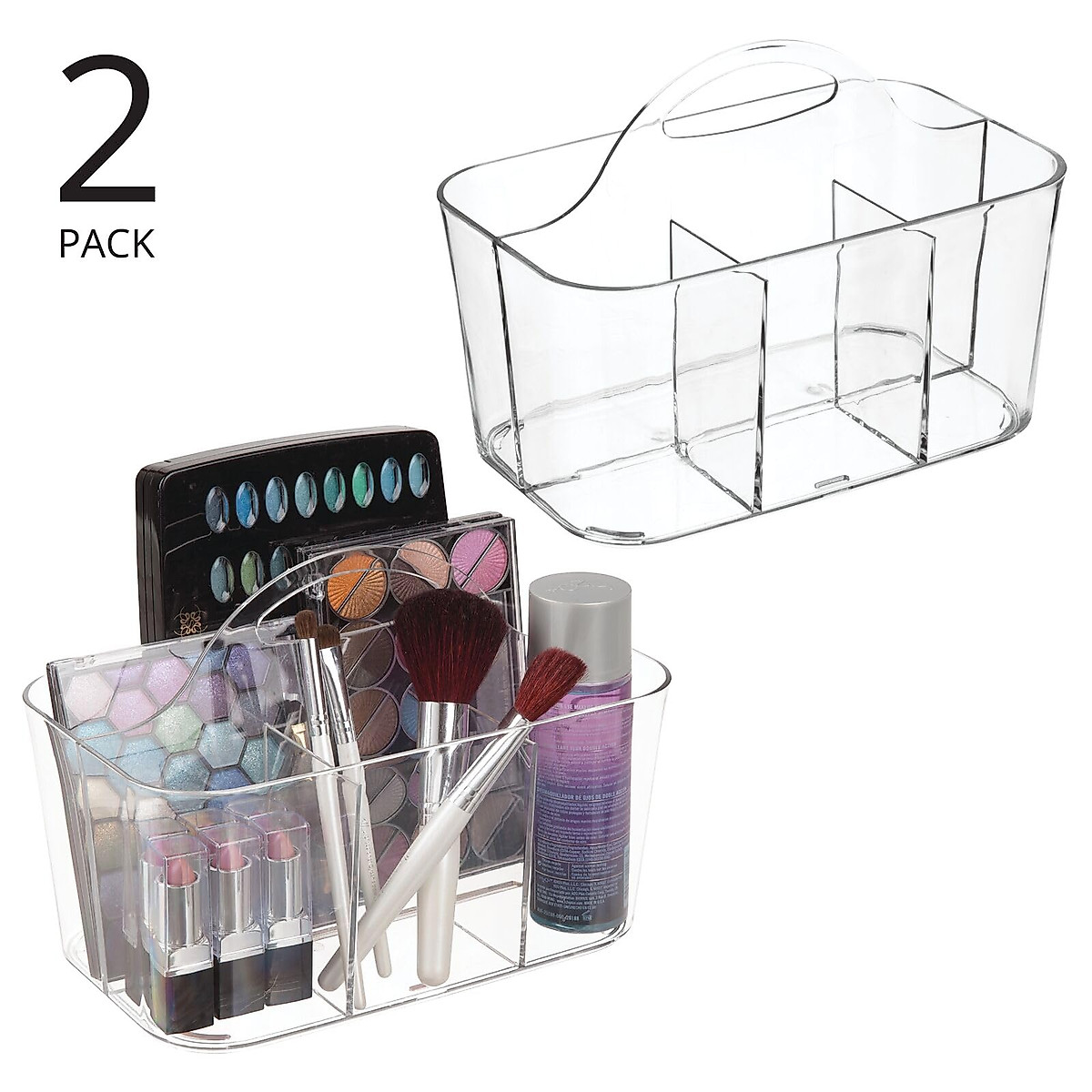 mDesign Plastic Makeup Storage Organizer Caddy Tote, Divided Basket Bin, Handle for Bathroom, Hold Eyeshadow Palettes, Nail Polish, Brushes, Shower Essentials, Small, Lumiere Collection, 2 Pack, Clear