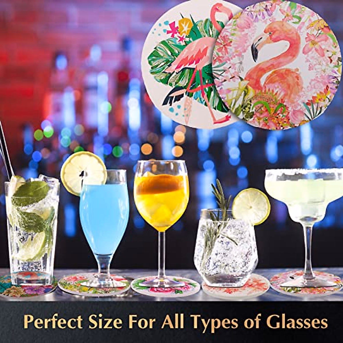 Pink Coasters for Drinks with Holder, Set of 6 Absorbent Ceramic Coaster, Tropical Flamingo Floral Style for Bar Wooden Coffee Tables, Cute Home Party Decor, Gift for Woman,4 Inches