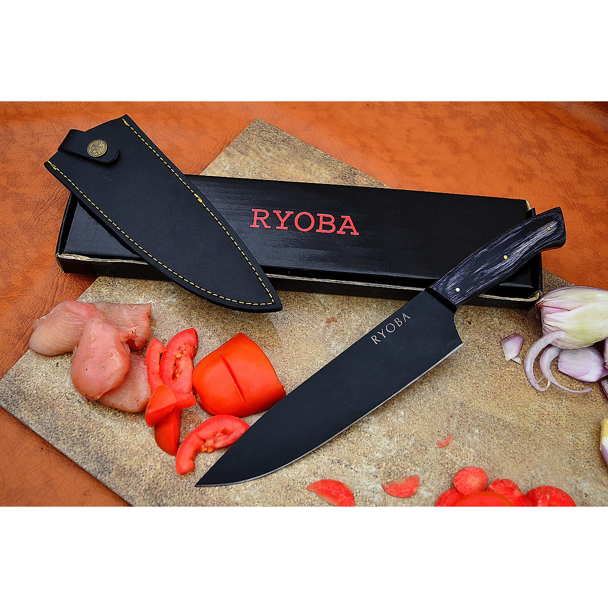 RYOBA Chef Knife 8 inch Kitchen Knife Ultra Sharp High Carbon Stainless steel Japanese chef knife with Finger Guard-Titanium Plated Black Chef Knife WITH Sheath and Sharpener in Gift Box