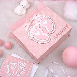 LeZakaa 13" Pink Gift Bags with Tissue Paper, Gift Card, Foot Print and Baby Girl Lettering Design for Baby Shower