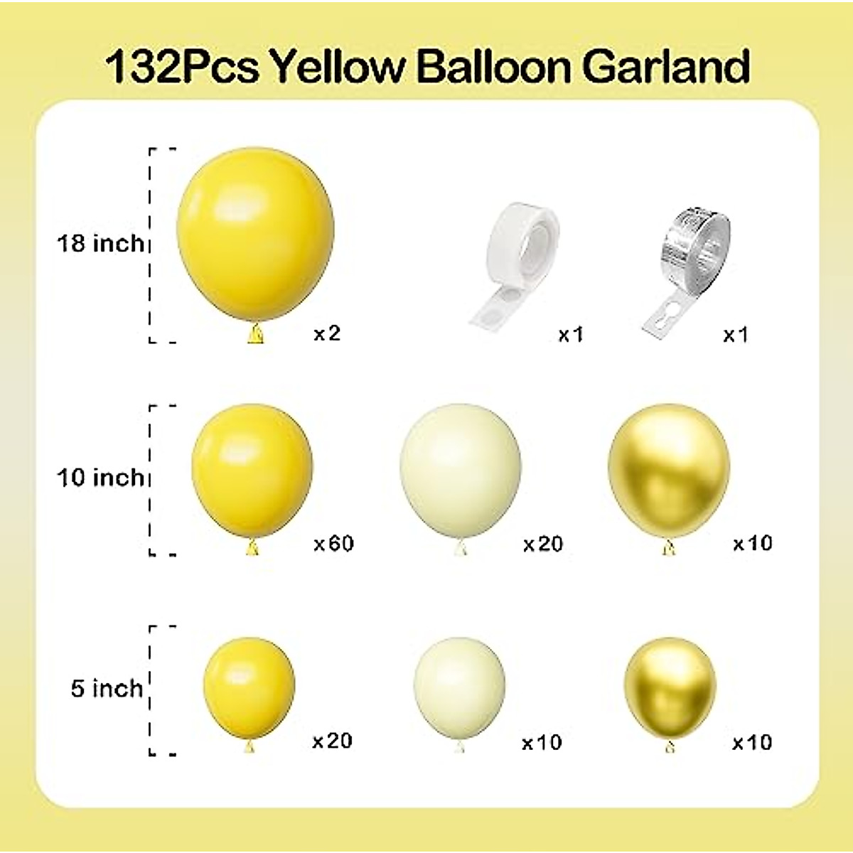 Yellow Balloon Arch Garland Kit-Macaron Yellow Balloon Metallic Gold Balloon 132Pcs for Graduation,Birthday，Baby Shower,Christmas,Fiesta Party Decoration.