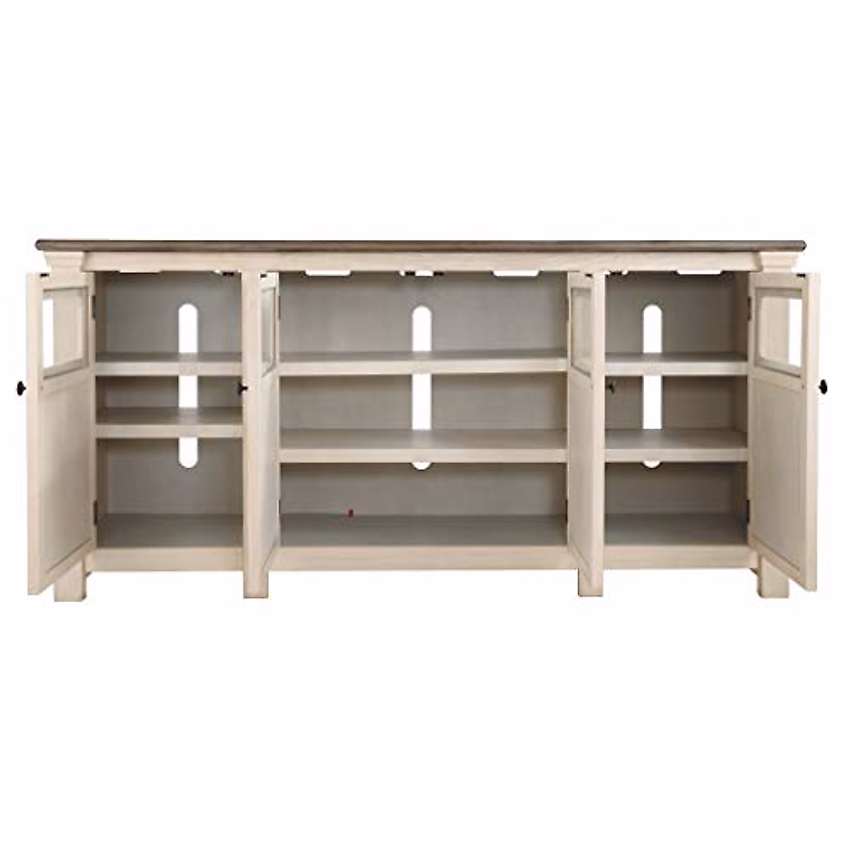 Signature Design by Ashley Bolanburg Two Tone Farmhouse TV Stand, Fits TVs up to 72", 3 Cabinets and Adjustable Storage Shelves, Whitewash
