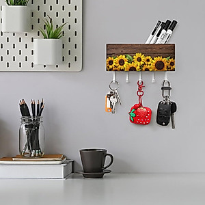 JAIDEN BEATA Cute Decorative Key Holder for Wall, Sunflower Wood Floral Print Retro Self Adhesive Key Rack Mail Organizer Wall Mount Hanging Key Holder Key Hanger for Kitchen Office Entryway Door