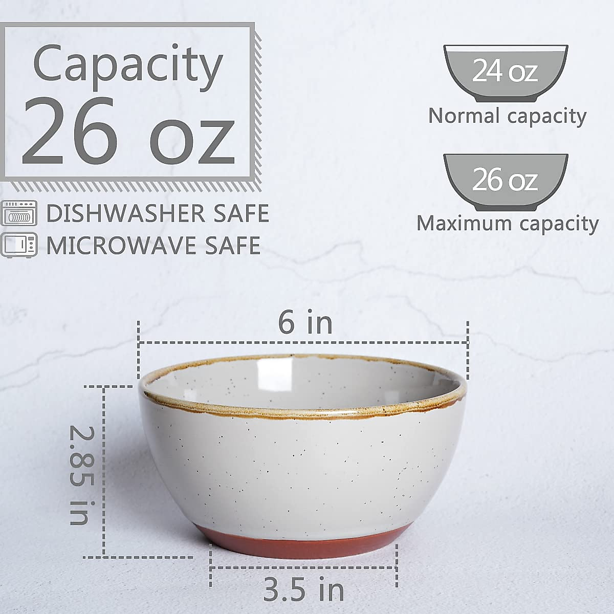 Bosmarlin Ceramic Cereal Bowl Set of 4, 26 Oz, Soup Bowl, Dishwasher and Microwave Safe (Grey, 6 in)