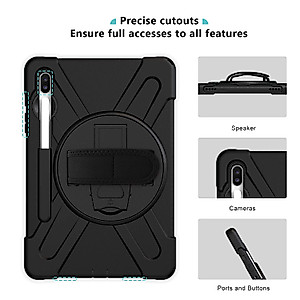 ProCase Galaxy Tab S6 10.5” 2019 Case with S Pen Holder (Model SM-T860/T865/T867), Rugged Heavy Duty Shockproof Case with Hand Strap Rotating Kickstand Protective Cover Case –Black