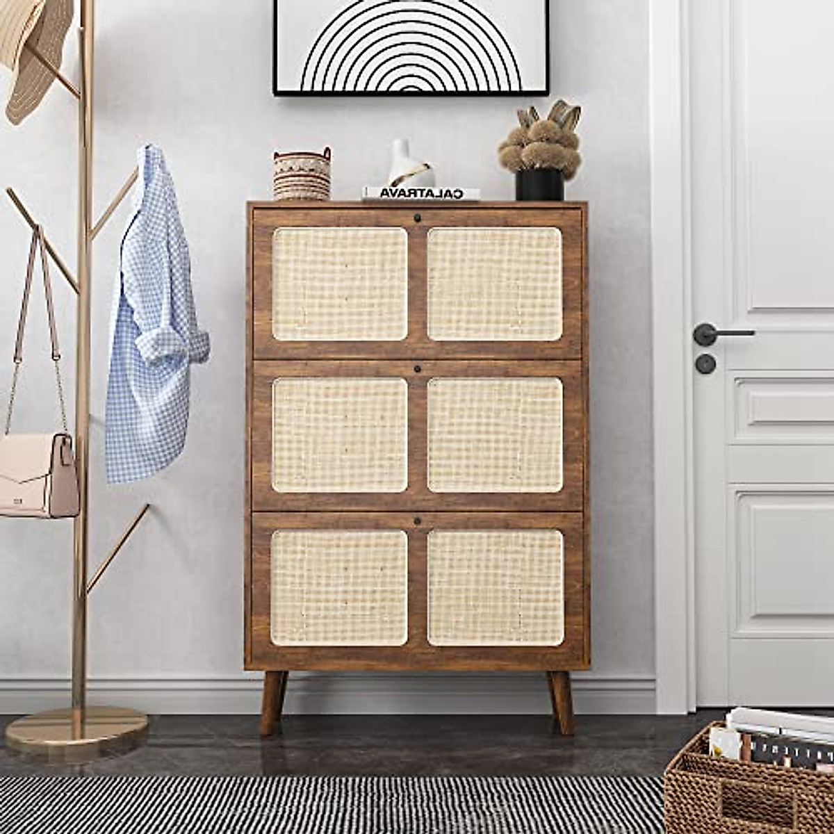 wirrytor 3 Flip Drawers Rattan Shoe Cabinets, 24 Pairs Freestanding Shoe Rack Storage Organizer, Modern Vintage 3 Tier Wood Shoe Storage Cabinet for Entryway Hallway Doorway (Walnut)