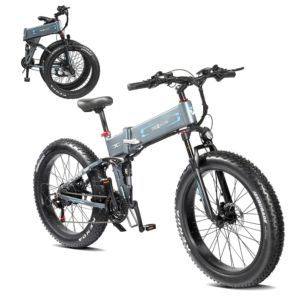 PEXMOR Electric Bike for Adults, 750W(Peak 1000W) 30MPH | Full Suspension Mountain Ebike, 60+ Miles 48V 12AH Removable Battery, 26" Fat Tire Foldable Commuter Electric Bicycle 21 Speed, UL2849