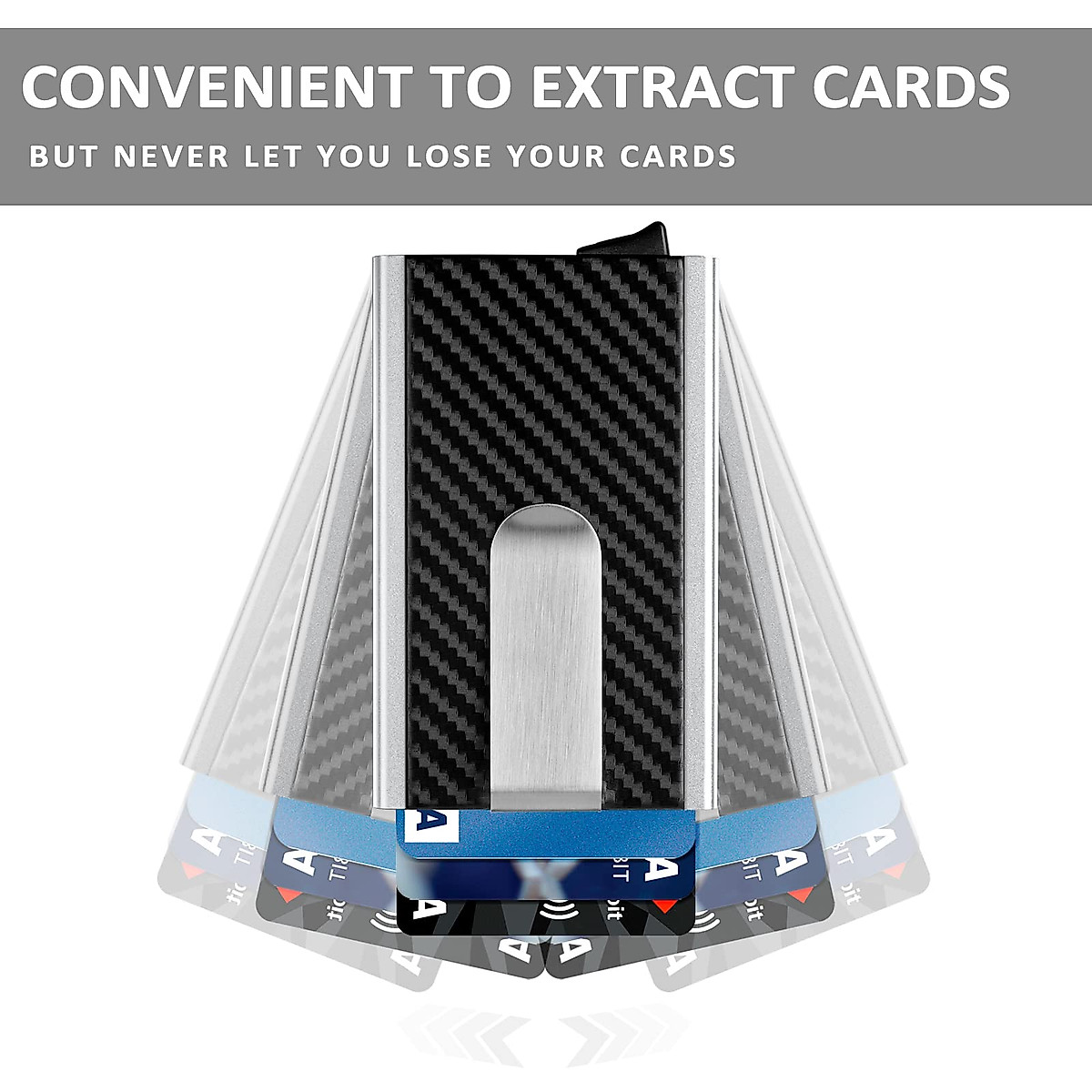 MOSIYEEF Minimalist Wallet for Men, RFID Blocking Card Wallet with Money Clip, Leather Wrapped, Slim Front Pocket Automatic Pop Up Wallet, Silver