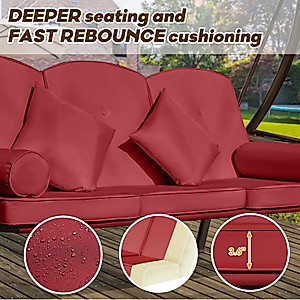 Yalissey 3 in 1 Outdoor Porch Swing with Adjustable Canopy, 3 Seat Outdoor Swing for Adults, Patio Swing Chair with Thickened Cushions,Pillows & Cup Holders for Backyard, Porch, Garden (Wine Red)
