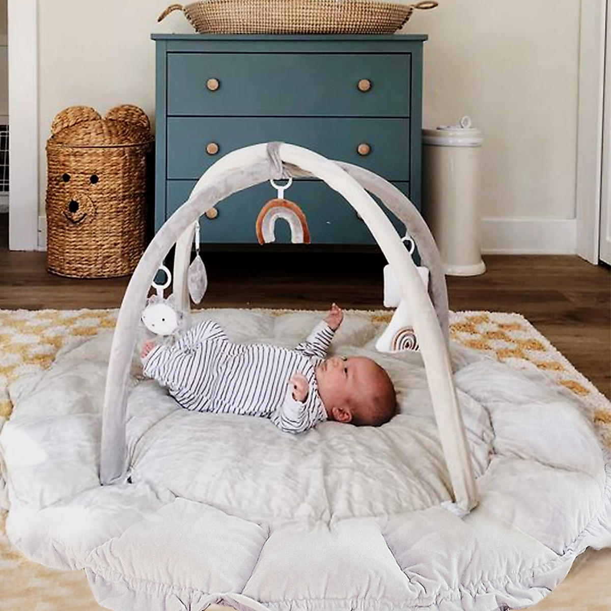 5-in-1 Convertible Baby Play Gym with 6 Toys, Tummy Time Mat for Sensory Development, Baby Activity Center from Newborn to Toddler, Ball Pit, Cat & Dog Bed, Soft Plush Pet Bed, No Ball Included