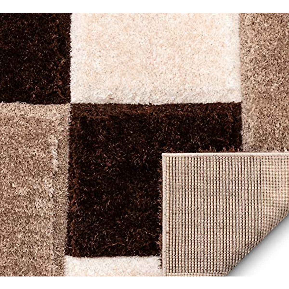Well Woven Ella Brown Geometric Boxes Thick Soft Plush 3D Textured Shag Area Rug 4x6 (3'11" x 5'3")