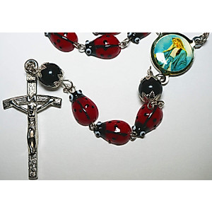 col-p Catholic Steel Rosary Ceramic Ladybug Devotional 29" inch long centerpiece Lady of Grace Sanctified Papal Crucifix Zinc Alloy